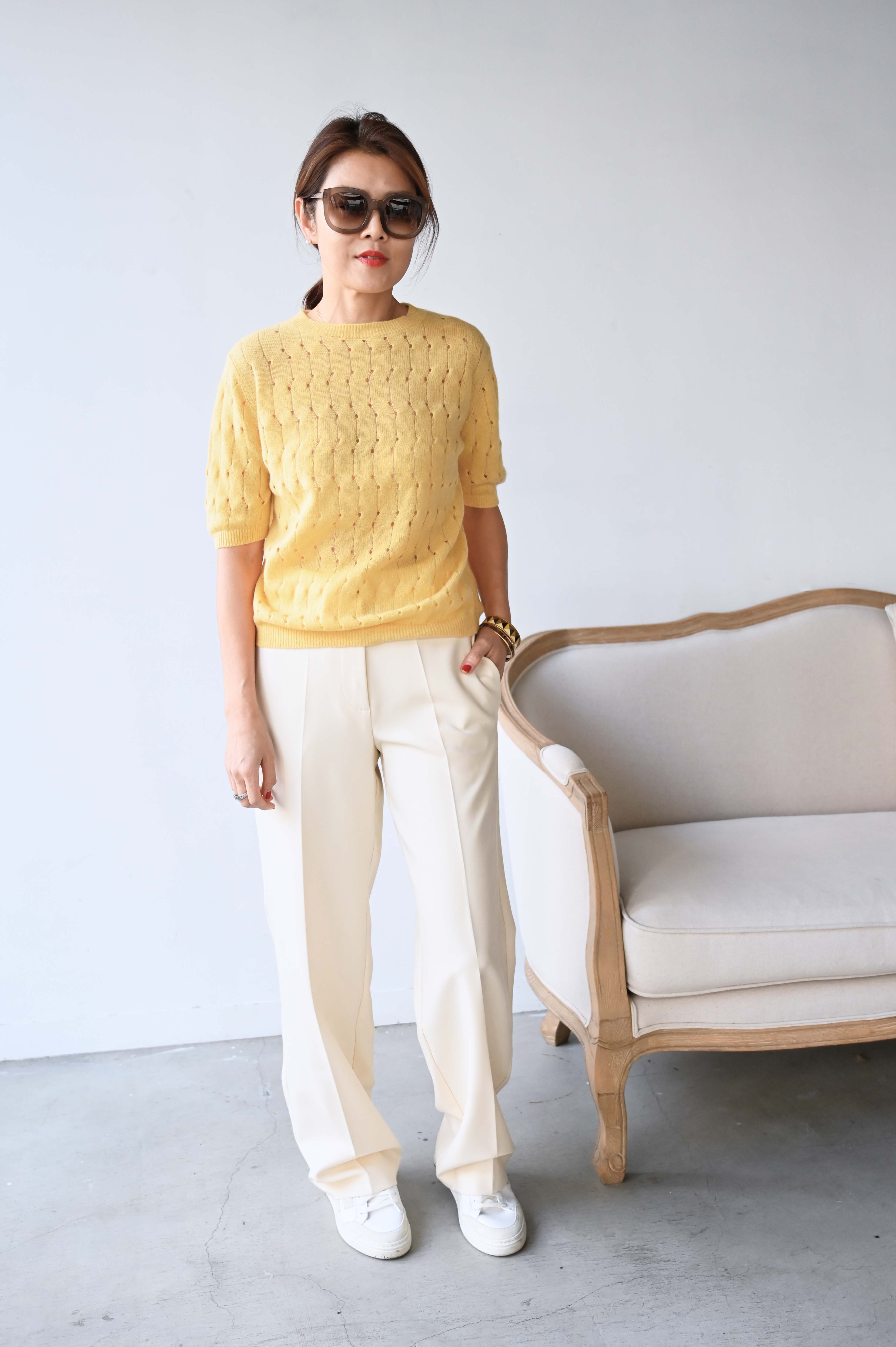 琥珀黃Cable Knit Cashmere 五分袖毛衣 | BY PURETE